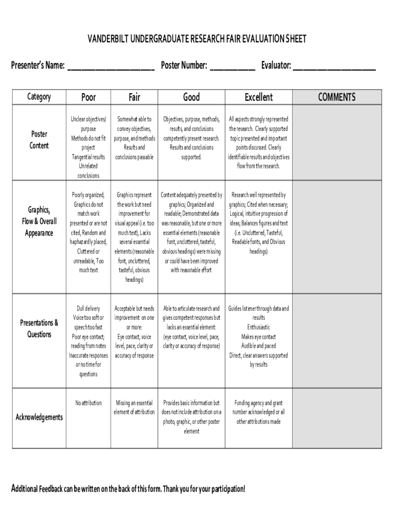 Fillable Online vanderbilt undergraduate research fair evaluation sheet ...