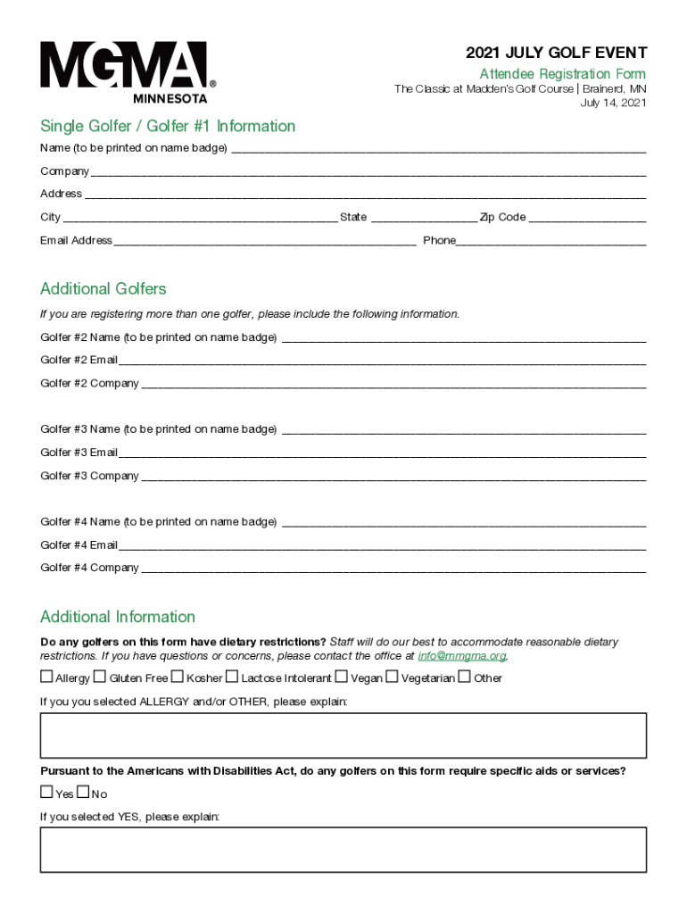 Fillable Online 2021 JULY GOLF EVENT - Attendee Registration Form Fax ...