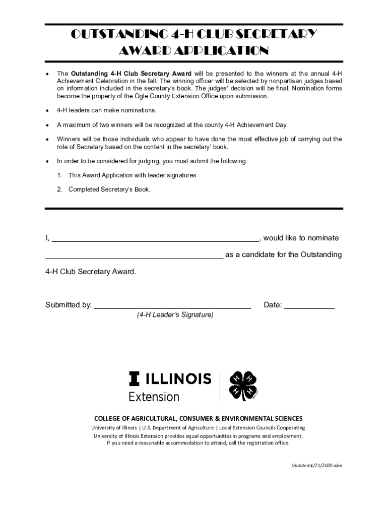Fillable Online extension illinois Outstanding 4-H Club Secretary Award ...
