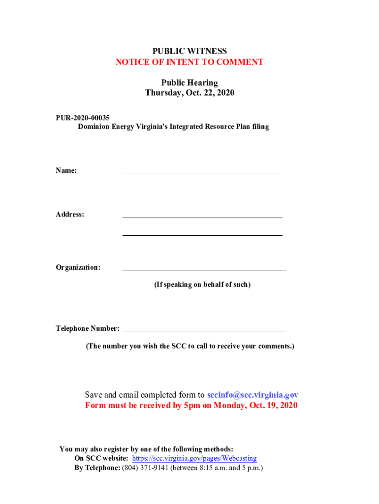 Fillable Online PUBLIC WITNESS NOTICE OF INTENT TO COMMENT Public ...