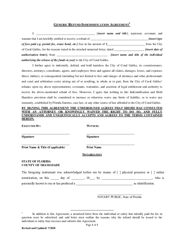 Fillable Online Generic Indemnification Agreement for Refunds Fax Email ...