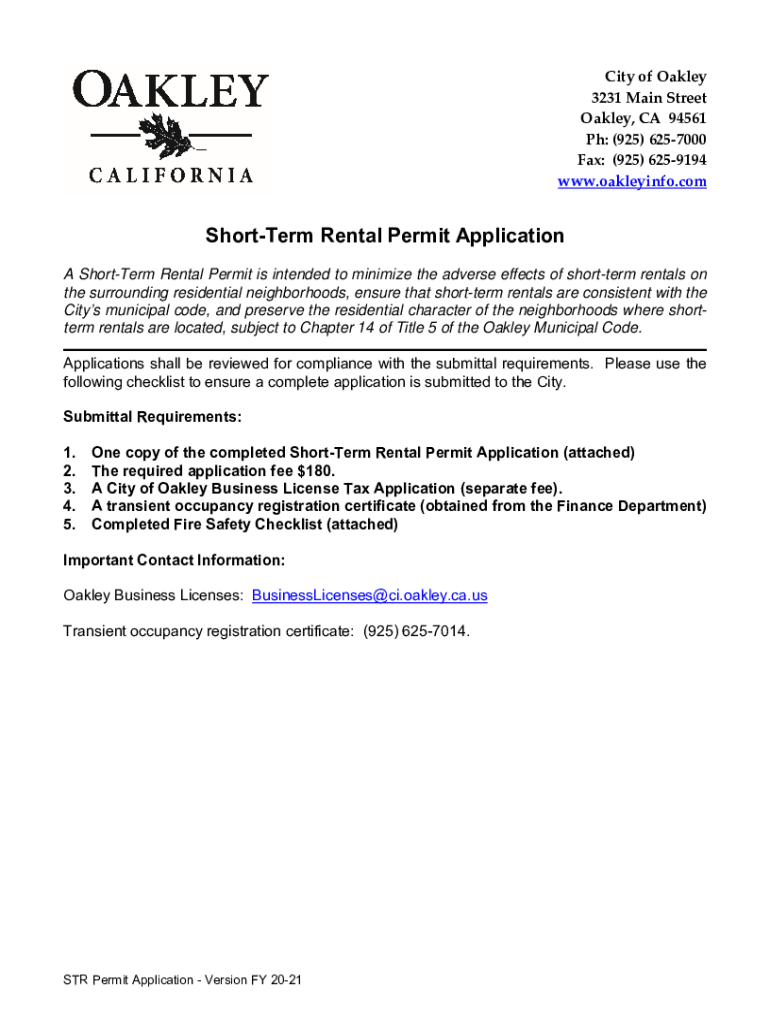 Fillable Online Short-Term Rental Permit Application - City of Oakley ...