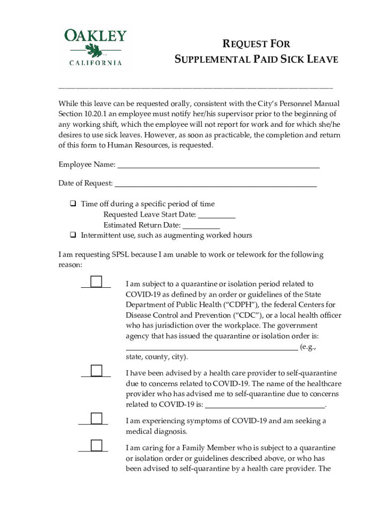 Fillable Online REQUEST FOR SUPPLEMENTAL PAID SICK LEAVE Fax Email Print - pdfFiller