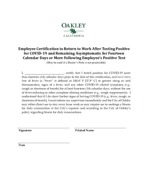 Fillable Online Employee Certification to Return to Work After ...