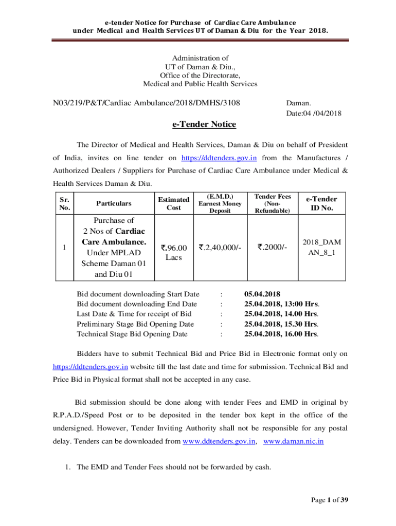 Fillable Online e-tender Notice for Purchase of Cardiac Care Ambulance ...