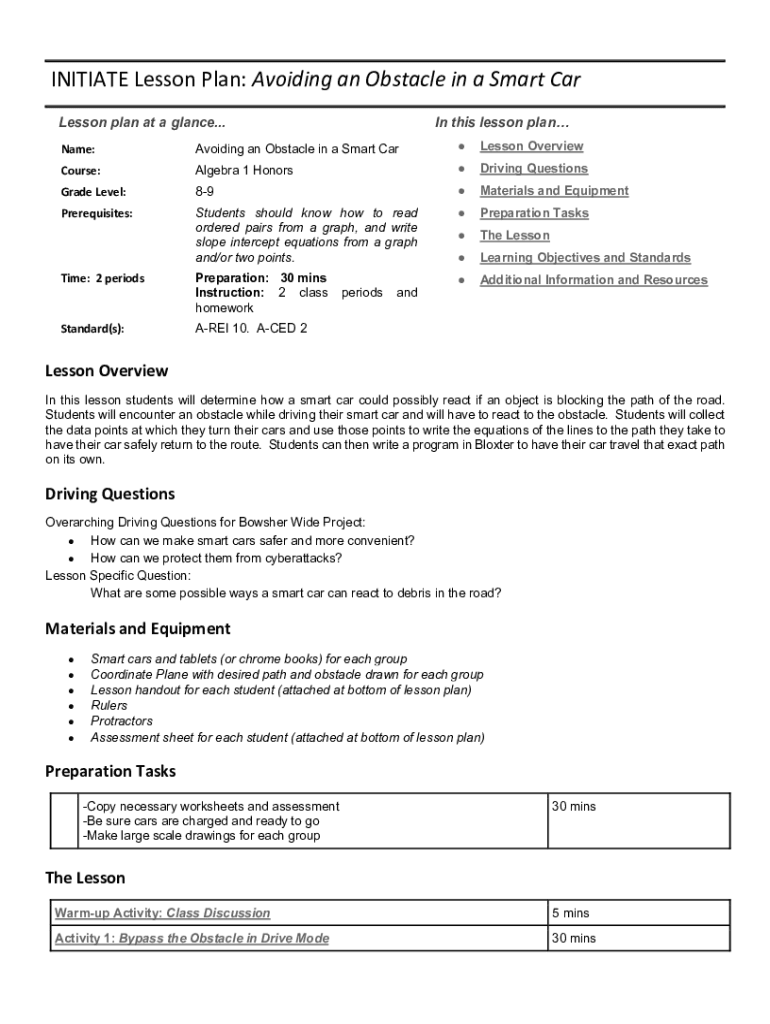 Fillable Online INITIATE Lesson Plan: Avoiding an Obstacle in a Smart ...
