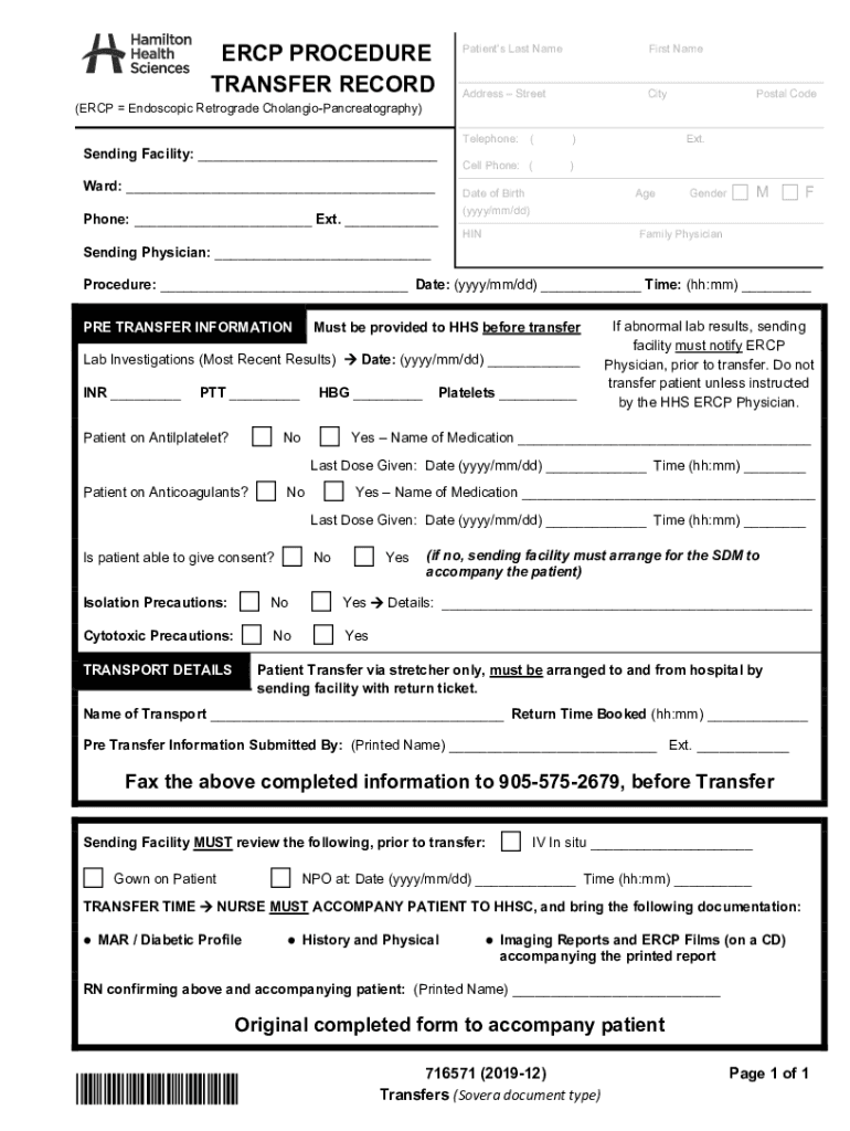 Fillable Online ERCP PROCEDURE TRANSFER RECORD - Hamilton Health ...