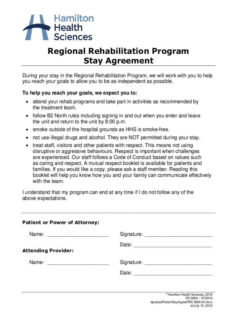 Fillable Online Regional Rehabilitation Program Stay Agreement ...