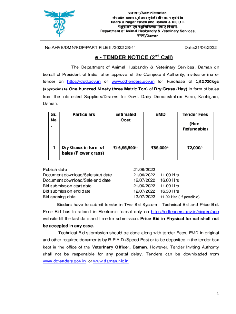 Fillable Online e - TENDER NOTICE (2 Call) Fax Email Print - pdfFiller