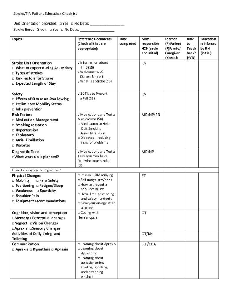 Fillable Online Stroke Care Binder - Patient and Family Education ...