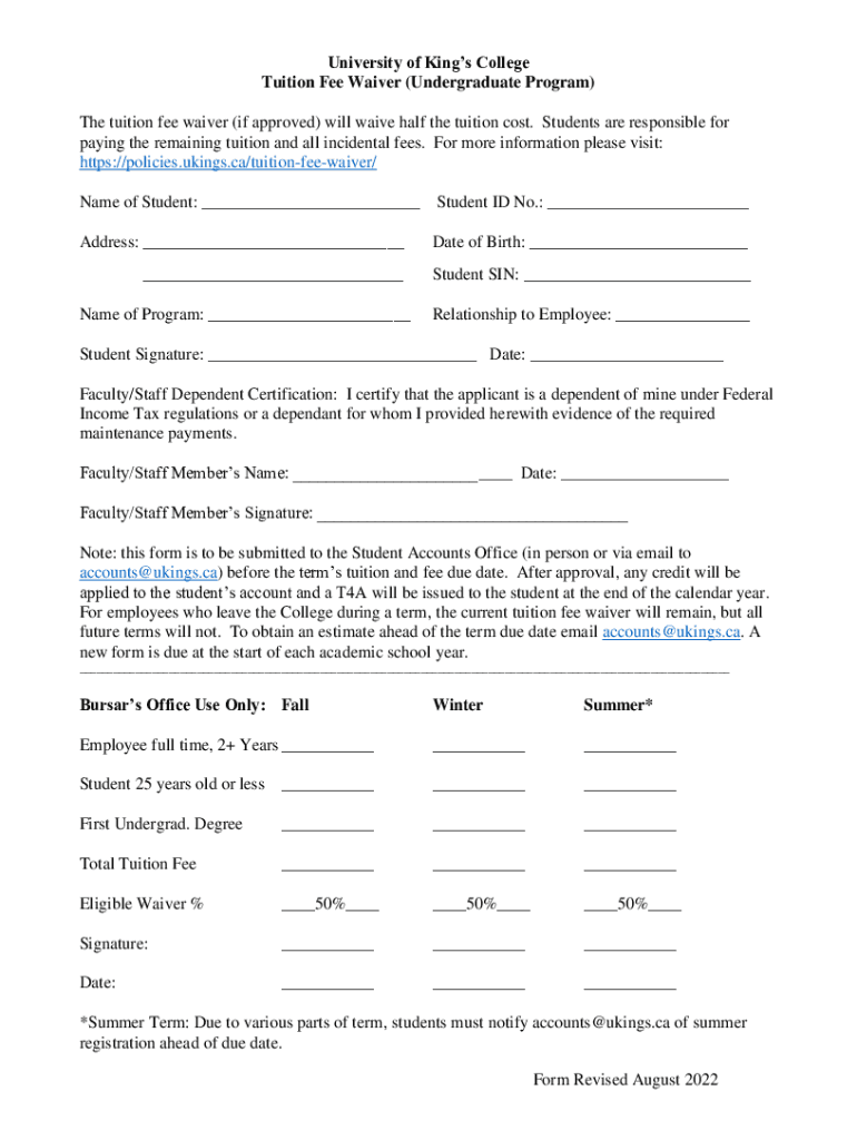 Fillable Online Tuition Fee Waiver - King's Rules and Policies Fax ...