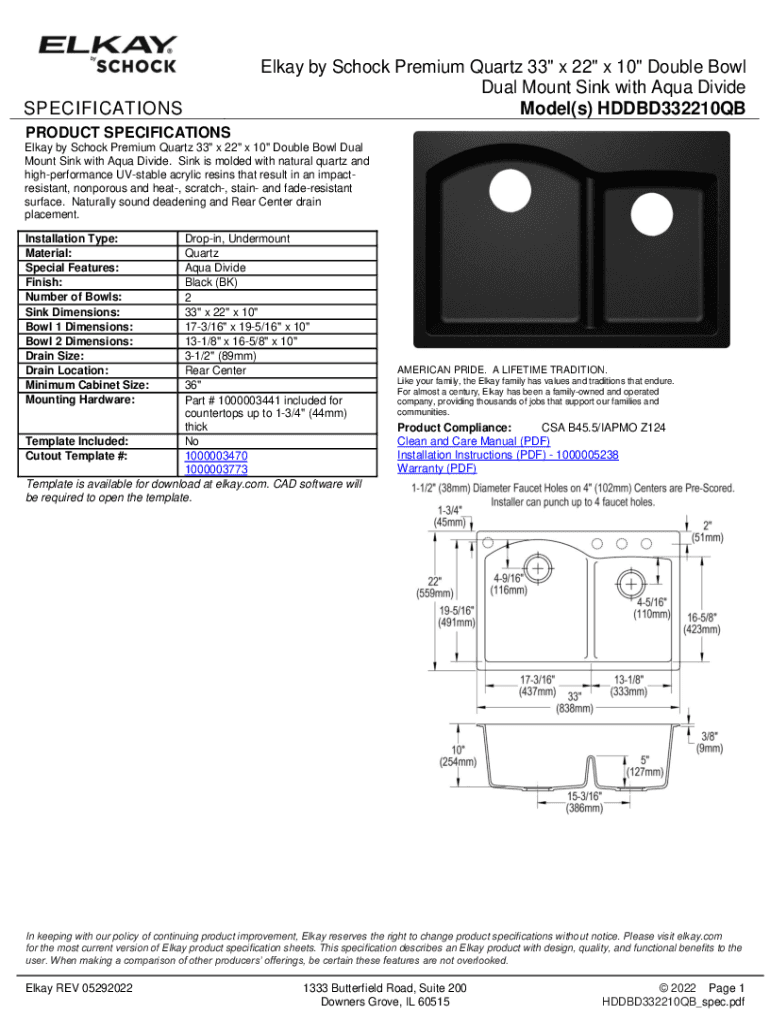 Fillable Online Elkay by Schock Premium Quartz 33" x 22" x 10" Double ...