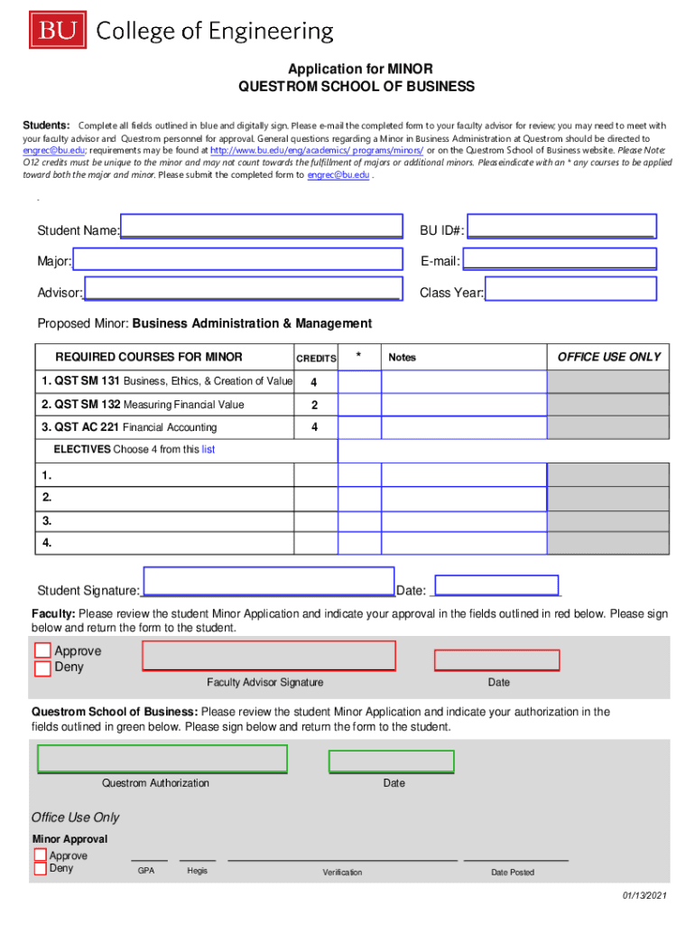 Fillable Online Application for MINOR QUESTROM SCHOOL OF BUSINESS ...