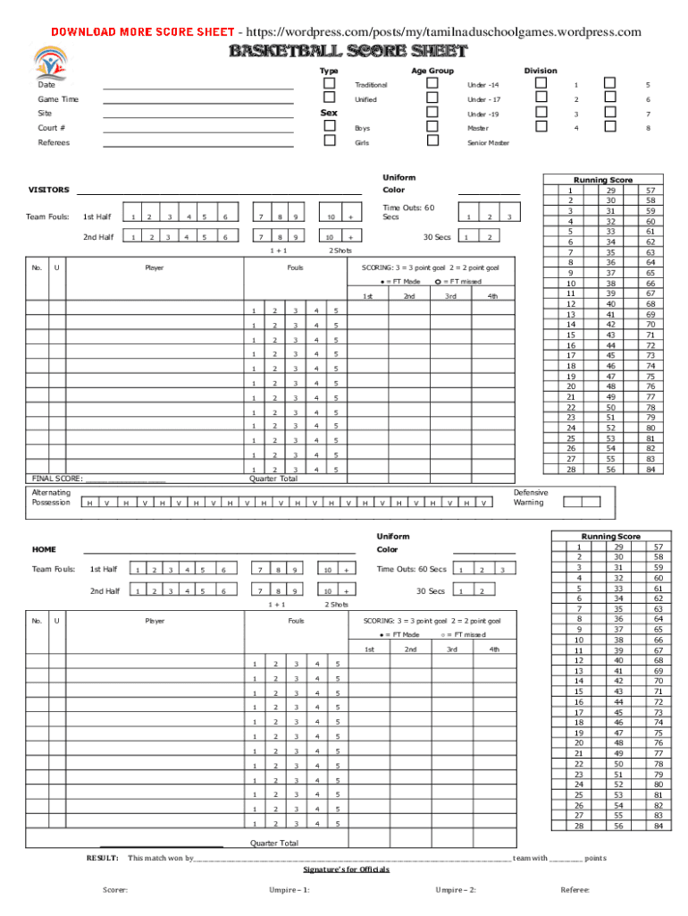 Fillable Online BASKETBALL SCORE SHEET Fax Email Print - pdfFiller