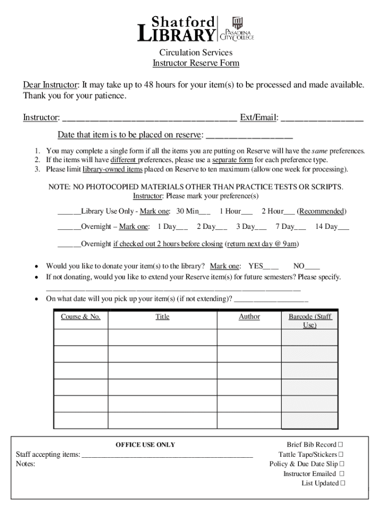 Fillable Online Pasadena City College Shatford Library Circulation Services Instructor Reserve ...