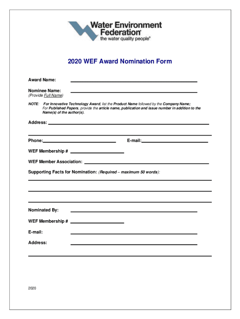 Fillable Online www.wef.orgwef-awards-application-form2020 WEF Award ...