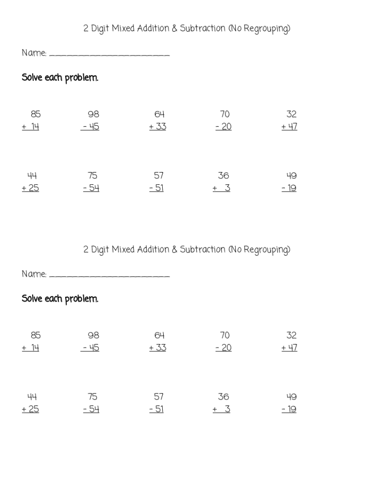 Fillable Online 2 Digit Mixed Addition & Subtraction (No Regrouping ...