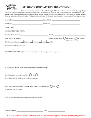 Fillable Online Student Complaint/Incident Form Fax Email Print - pdfFiller