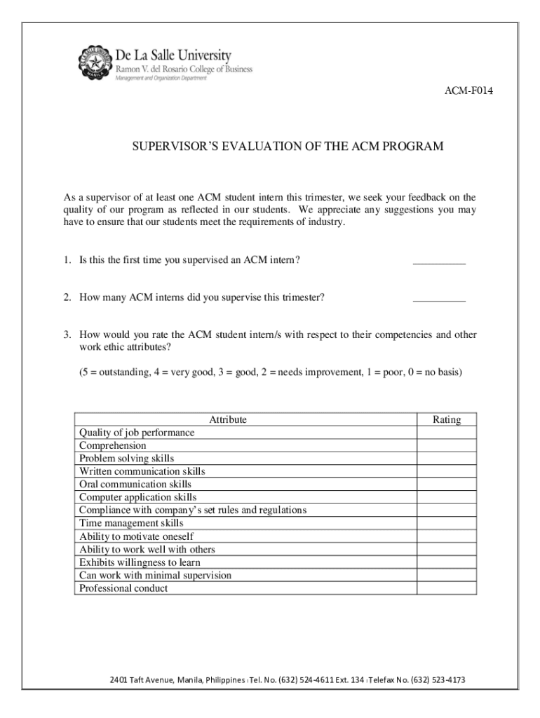Fillable Online SUPERVISOR'S EVALUATION OF THE ACM PROGRAM Fax Email ...