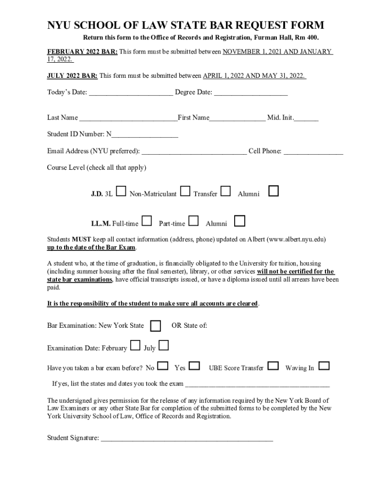 Fillable Online NYU SCHOOL OF LAW STATE BAR REQUEST FORM - New York University Fax Email Print ...