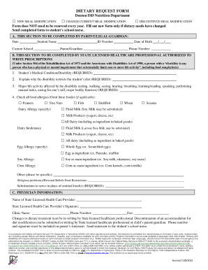 Fillable Online DIETARY REQUEST FORM Denton ISD Nutrition Department NEW MEAL ... Fax Email ...