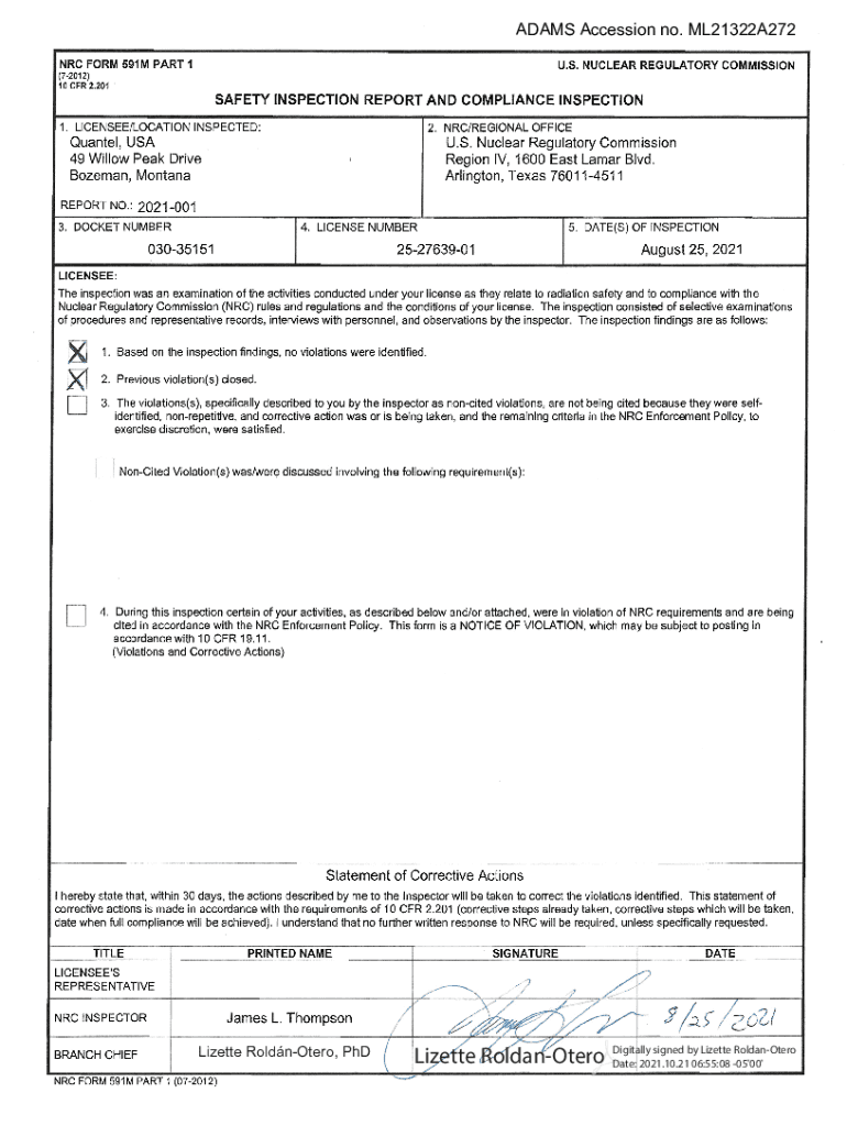 Fillable Online Quantel, USA - NRC Form 591M Part 1, Inspection ...