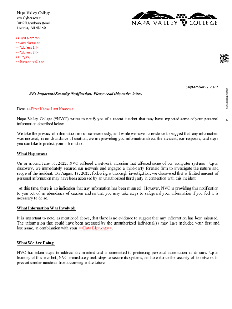 Fillable Online Napa Valley College c/o Cyberscout 38120 Amrhein Road ...