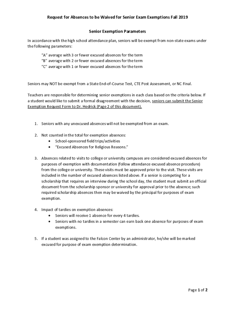 Fillable Online Request for Absences to be Waived for Senior Exam ...