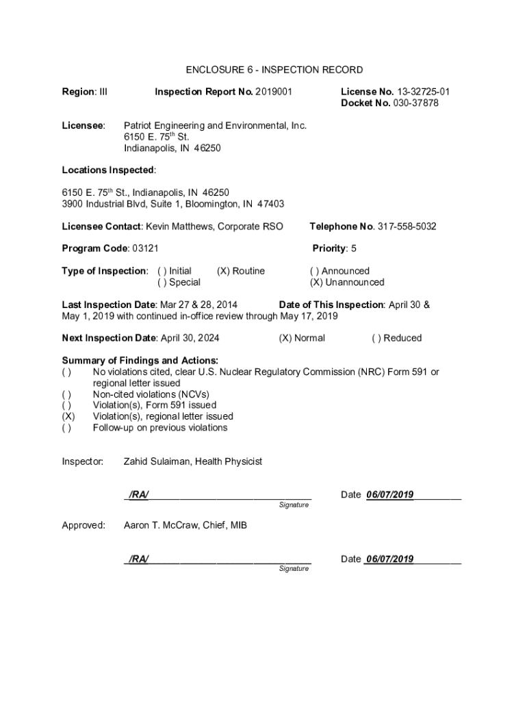 Fillable Online Inspection Report, Enclosure 6 - Patriot Engineering ...