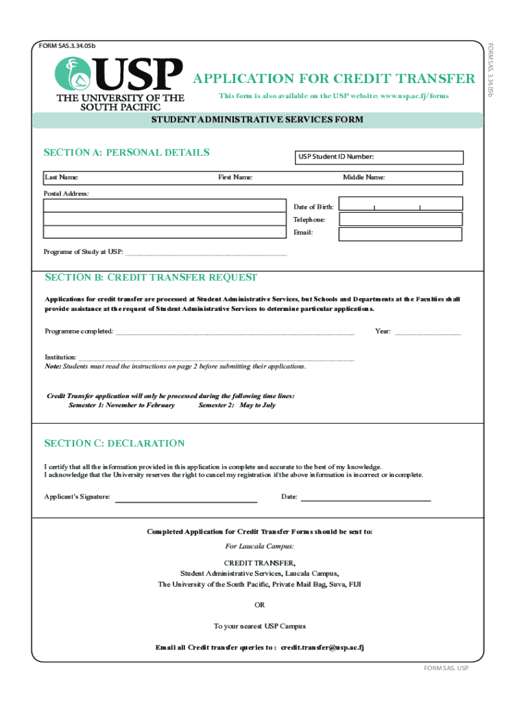 Fillable Online FORM SAS. APPLICATION FOR CREDIT TRANSFER - University ...