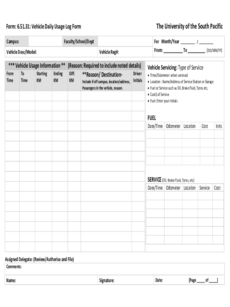 Fillable Online 6.51.31: Vehicle Daily Usage Log Form - Campus Fax ...