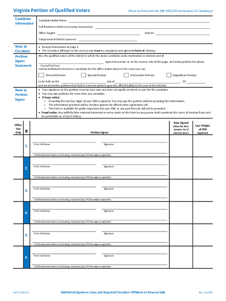 Fillable Online Form SBE-505/520(P) "Declaration of Candidacy for ...