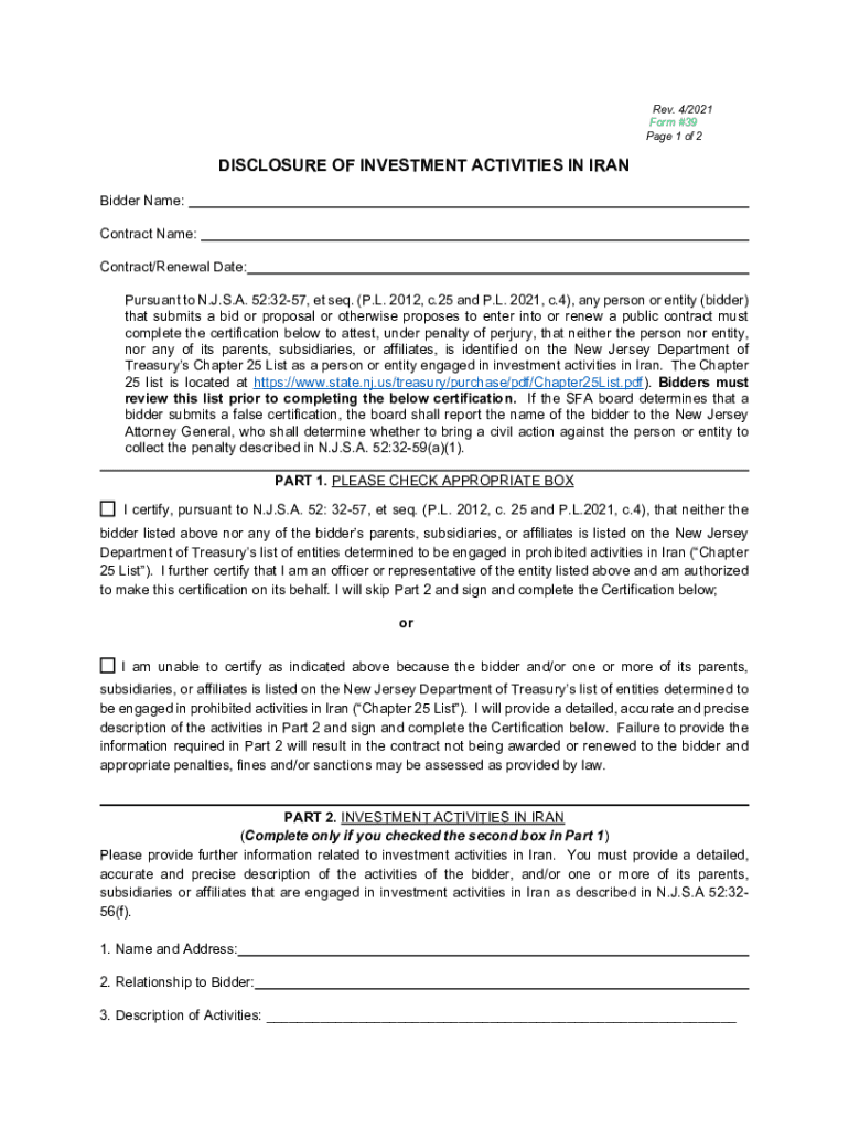 Fillable Online Form 39-Disclosure of Investments in Iran rev. 4-2021 ...