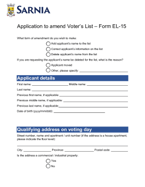 Fillable Online Application to amend the Voter's List - Form EL-15 Fax ...