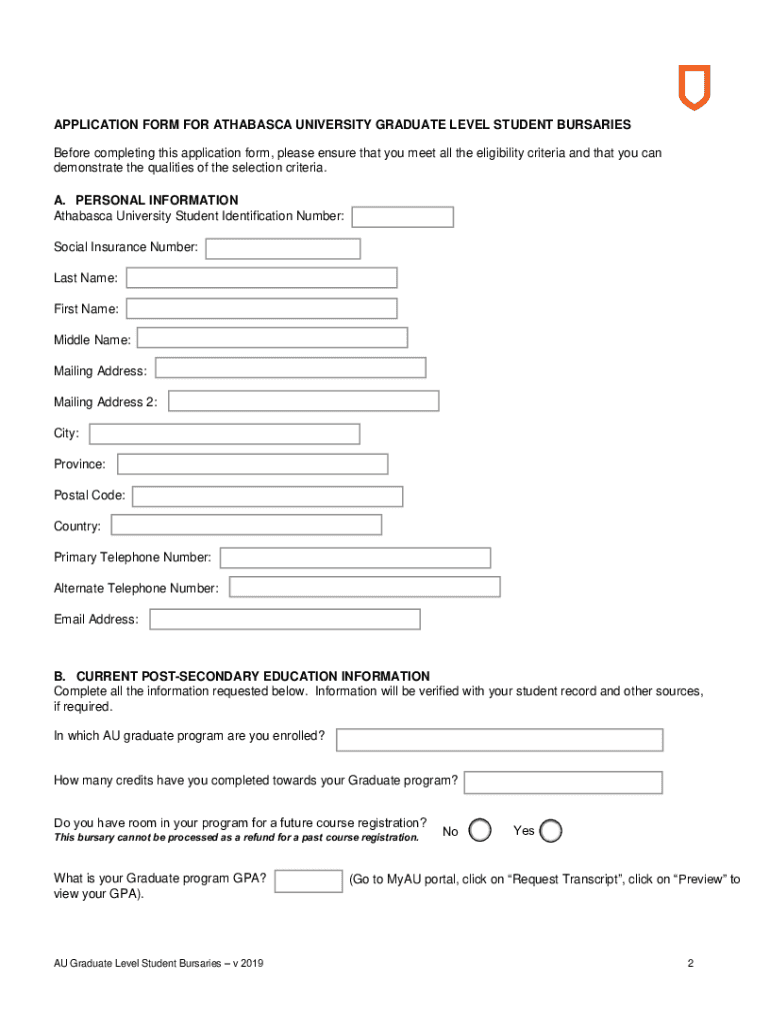 Fillable Online AU Graduate Level Student Bursaries - Athabasca University Fax Email Print ...