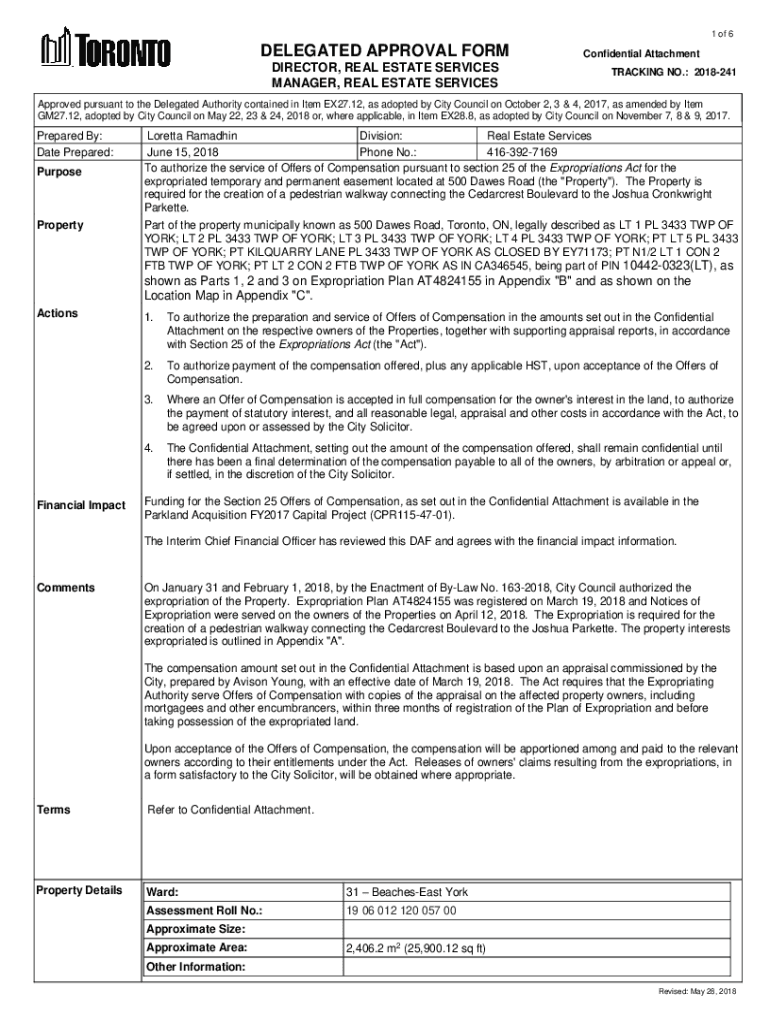 Fillable Online 1 of 6 DELEGATED APPROVAL FORM Confidential Attachment ... - Toronto Fax Email ...