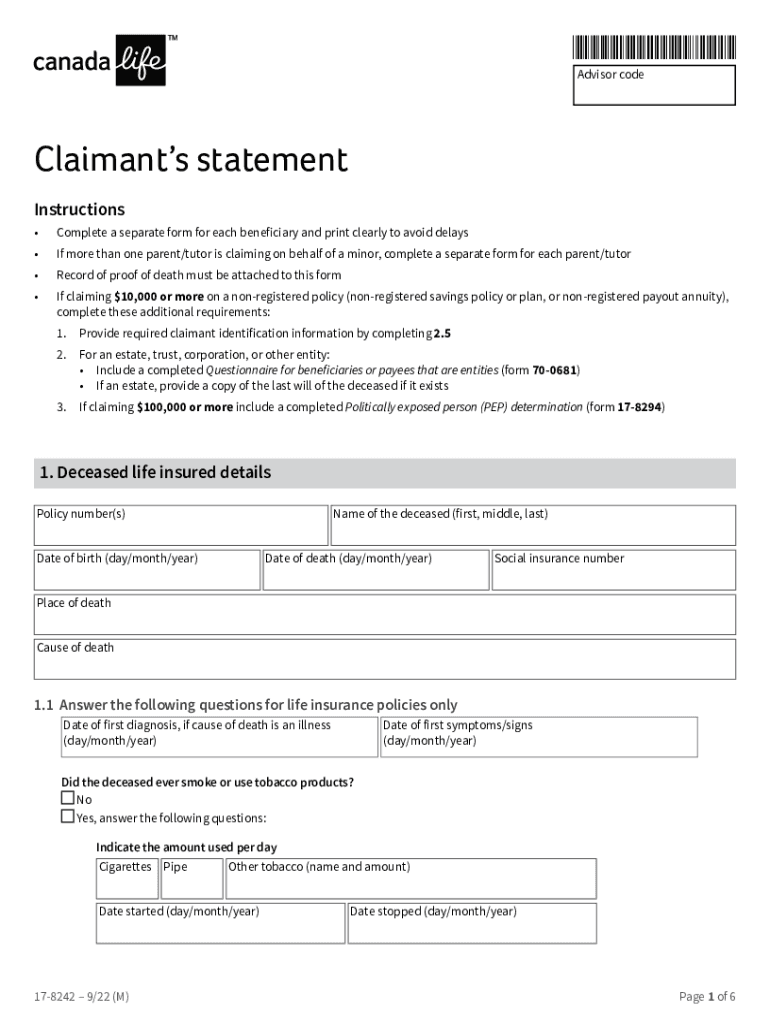 Fillable Online Claimants statement - 17-8242. This form is to be ...