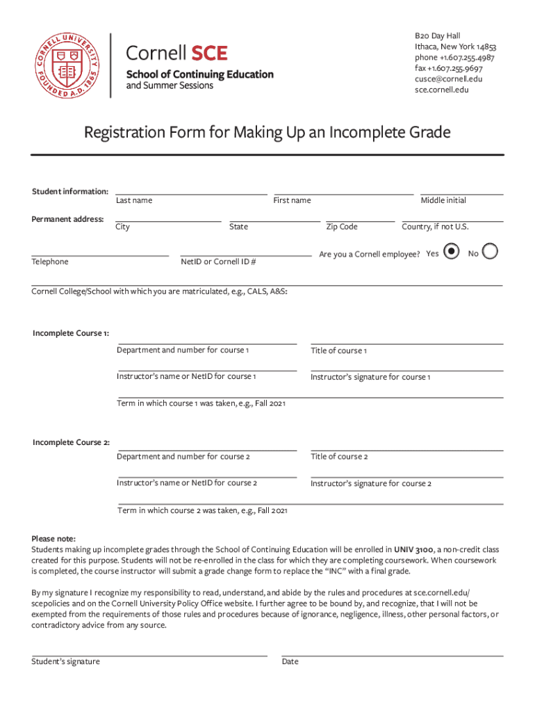 Fillable Online sce cornell Registration Form for Making Up an ...