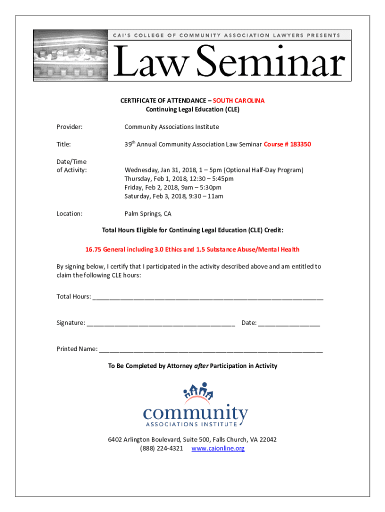 Fillable Online CERTIFICATE OF ATTENDANCE SOUTH CAROLINA Continuing ...