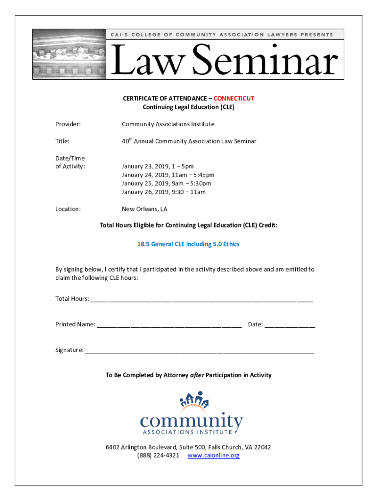 Fillable Online CERTIFICATE OF ATTENDANCE CONNECTICUT Continuing Legal ...