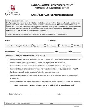 Fillable Online No Pass Grading Request - PCC Admissions & Records Pass ...