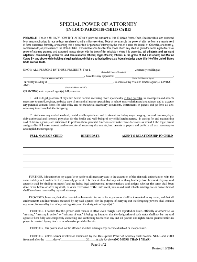 Fillable Online Arkansas Special Military Power of Attorney for In Loco ...