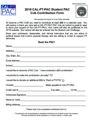 Fillable Online 2019 CAL-PT-PAC Student PAC Cub Contribution Form Fax ...
