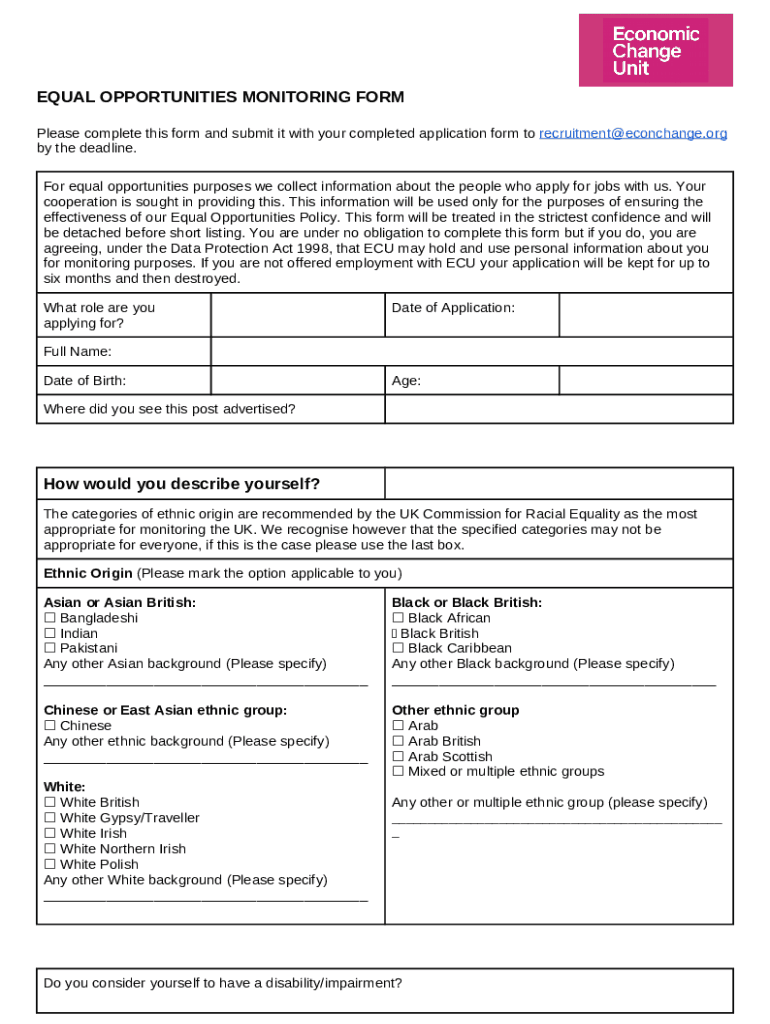 Equality and diversity monitoring templateAcas Doc Template | pdfFiller