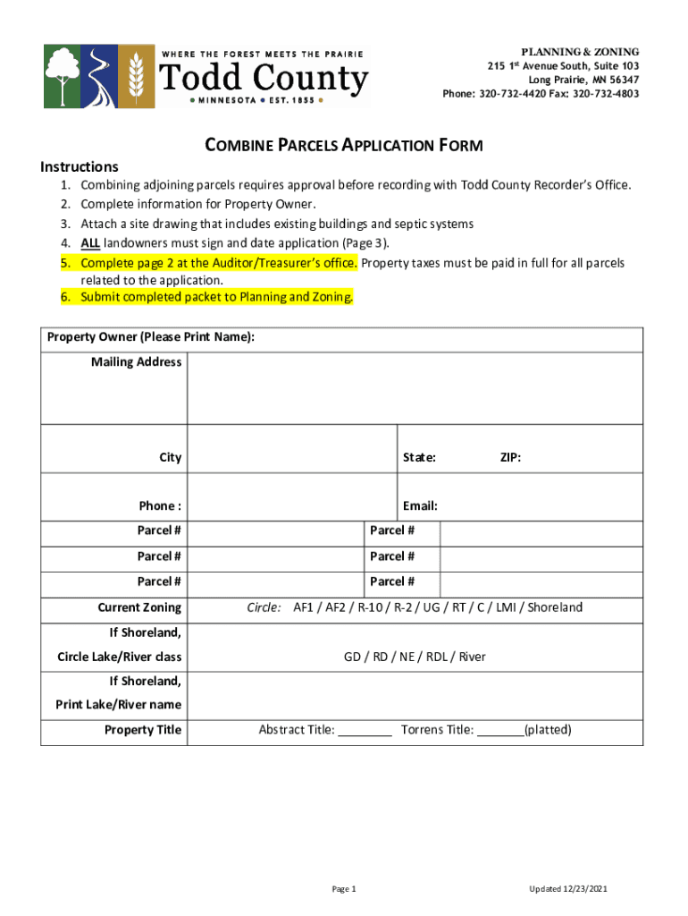Fillable Online Application Combine Parcels 2022 - Todd County ...