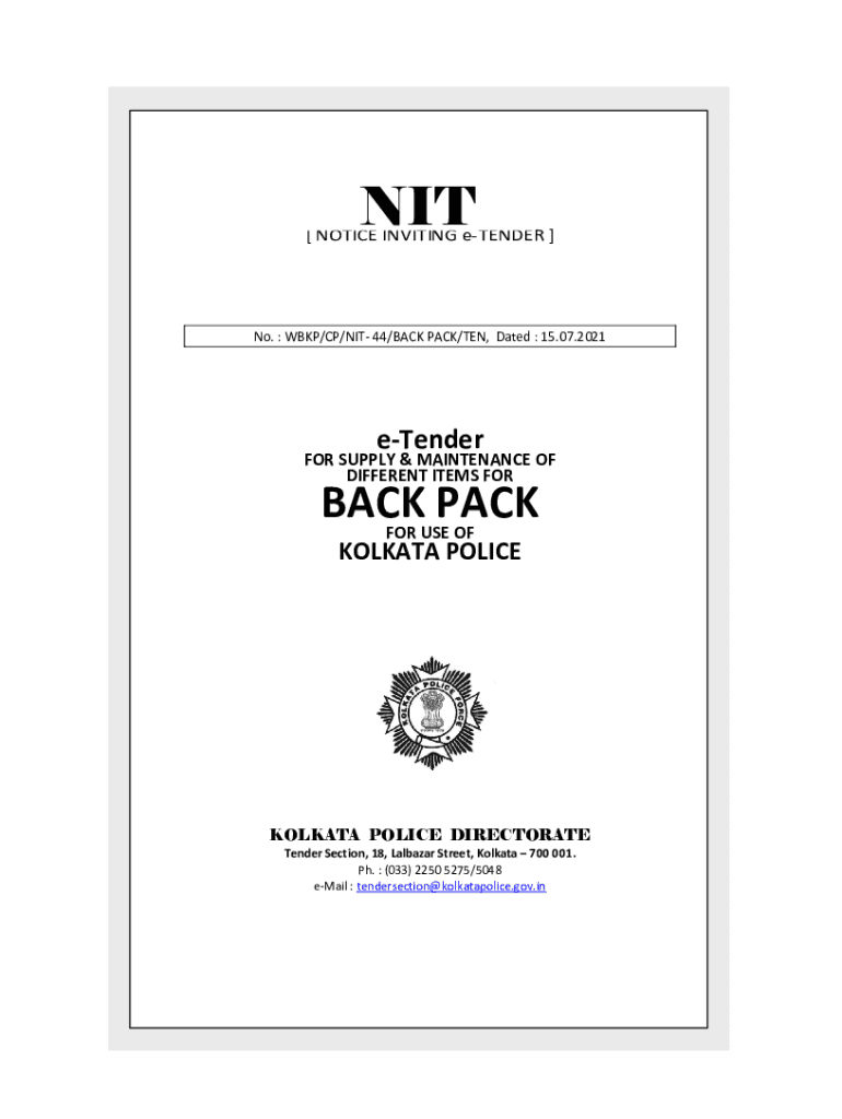 Fillable Online FOR SUPPLY & MAINTEN ANCE OF BACK PACK - Kolkata Police Fax Email Print - pdfFiller