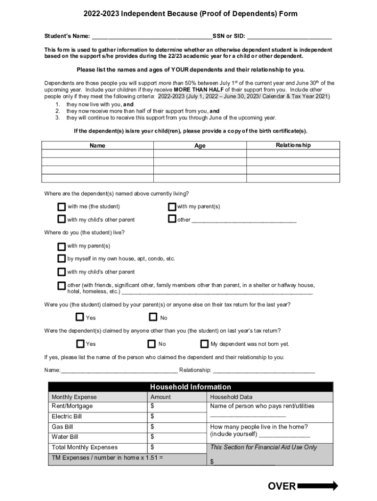 Fillable Online 2022-2023 Independent Because (Proof of Dependents) Form Fax Email Print - pdfFiller