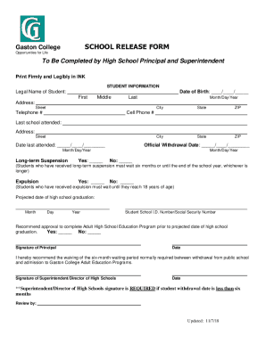 Fillable Online SCHOOL RELEASE FORM - Gaston College Fax Email Print ...