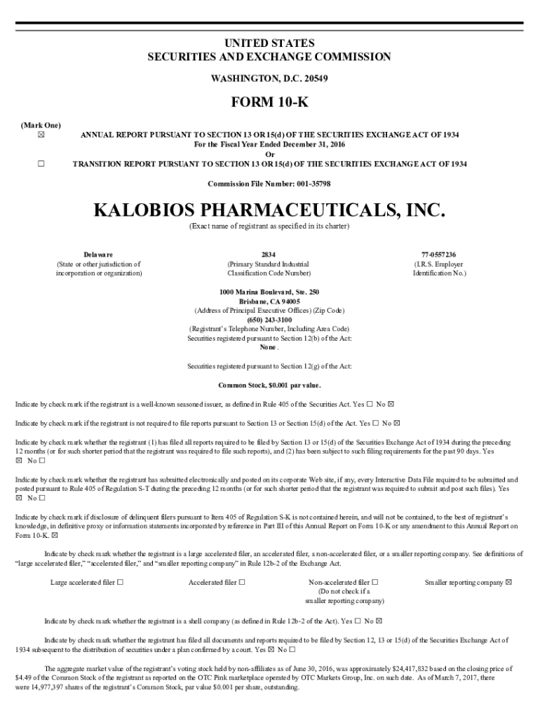 Fillable Online KALOBIOS PHARMACEUTICALS, INC. Fax Email Print - pdfFiller