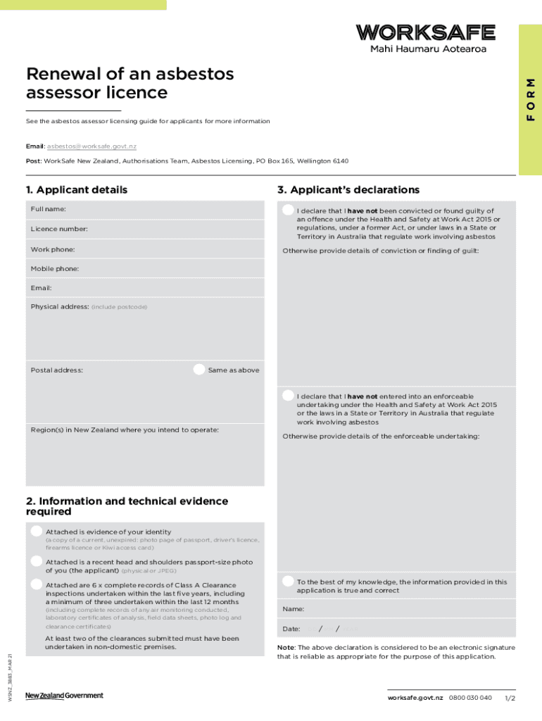 Fillable Online Renewal of an asbestos assessor licence FORM - worksafe ...